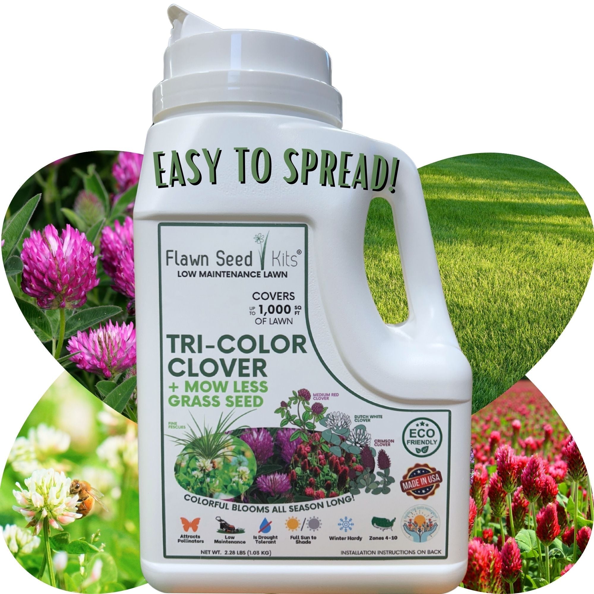 TRI-Color Clover + Mow Less Grass Seed - Blessings Grow Meadows - Flawn ...